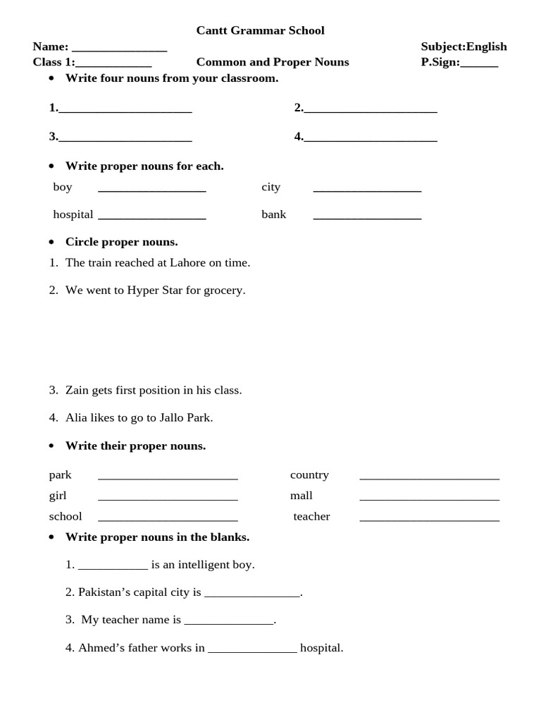 Common and Proper Nouns Worksheet | PDF