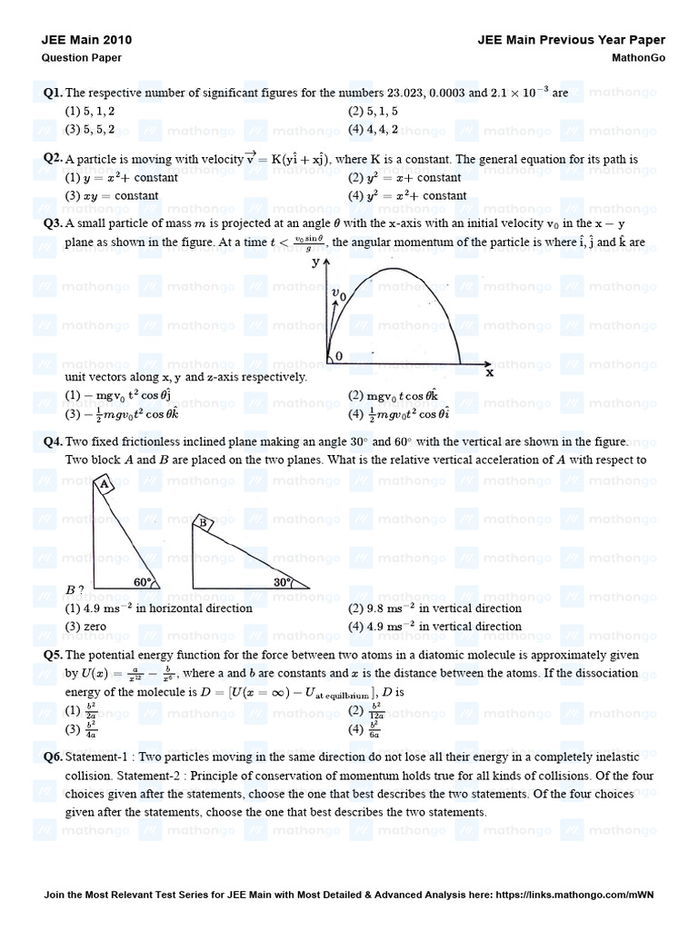 JEE Main 2010 Previous Year Paper With Answer Keys - MathonGo | PDF