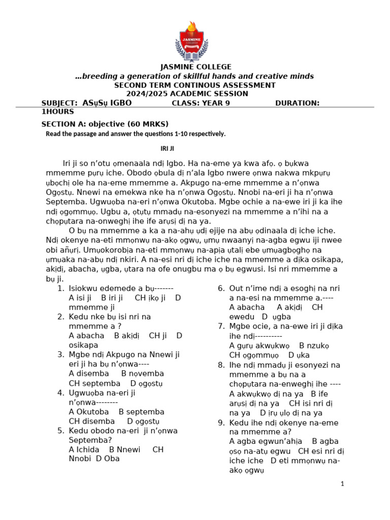 Asusuigbo Year9 C.A | PDF