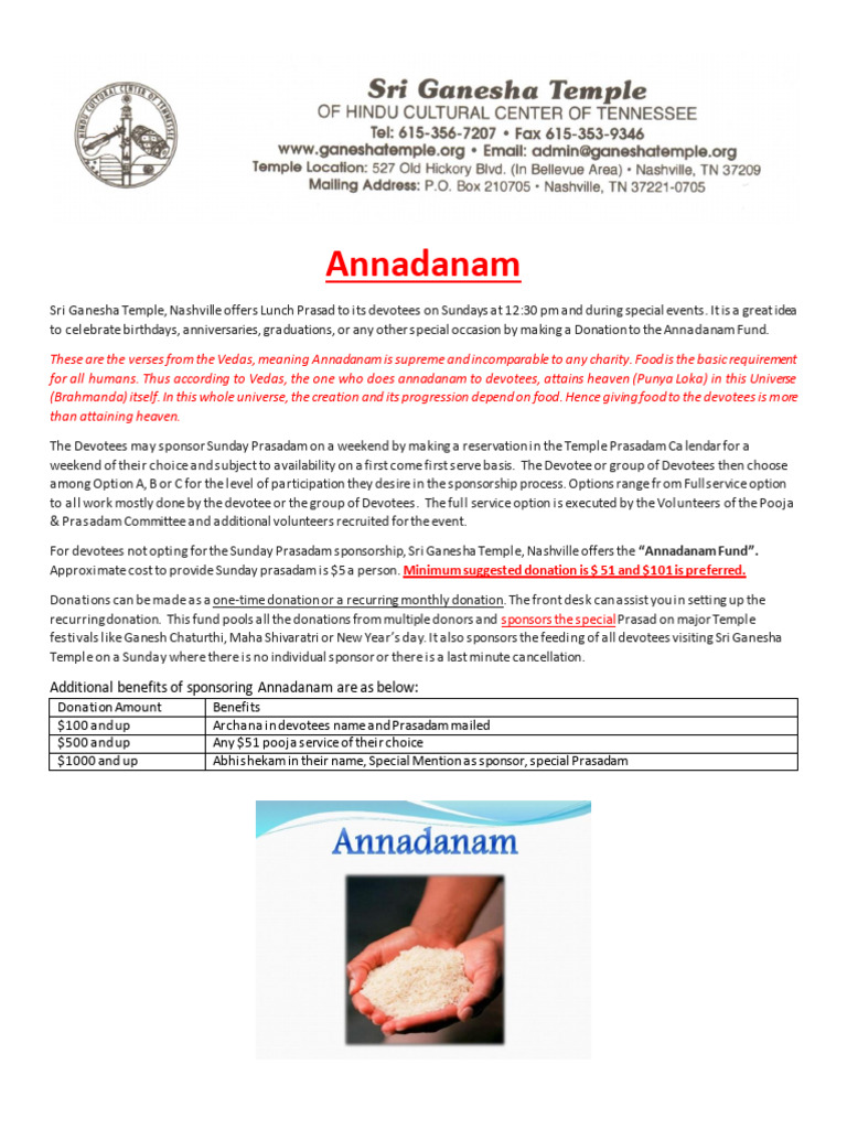 Annadanam Sponsorship at Sri Ganesha Temple | PDF