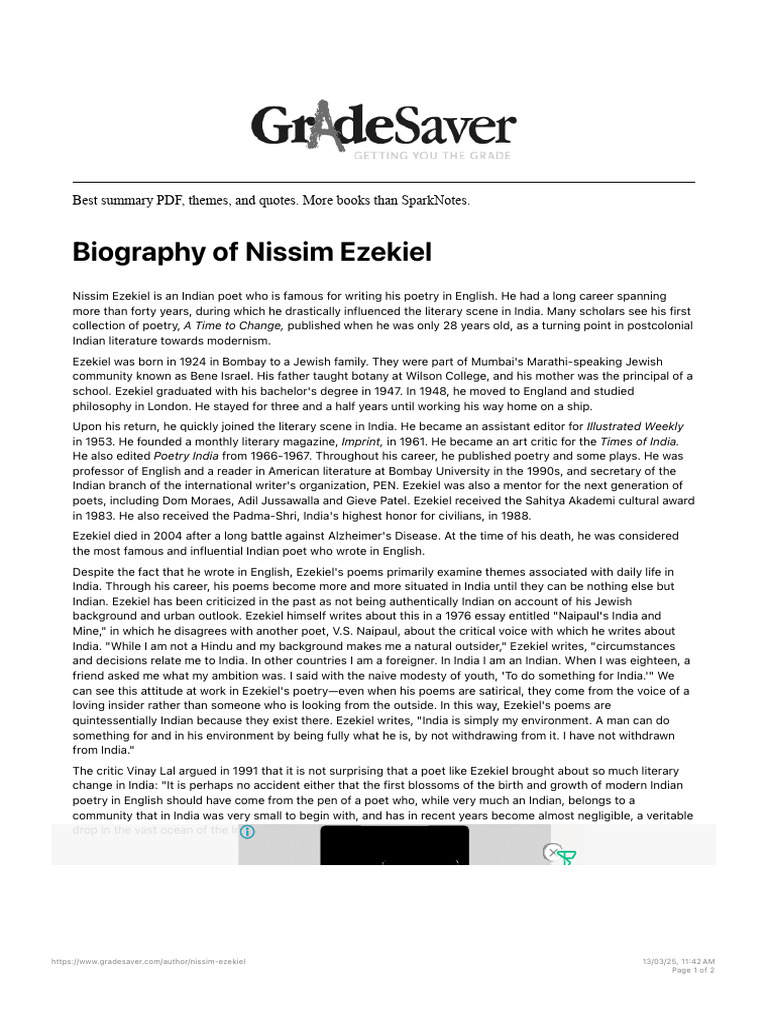 Nissim Ezekiel Biography | List of Works, Study Gui8des & Essays ...