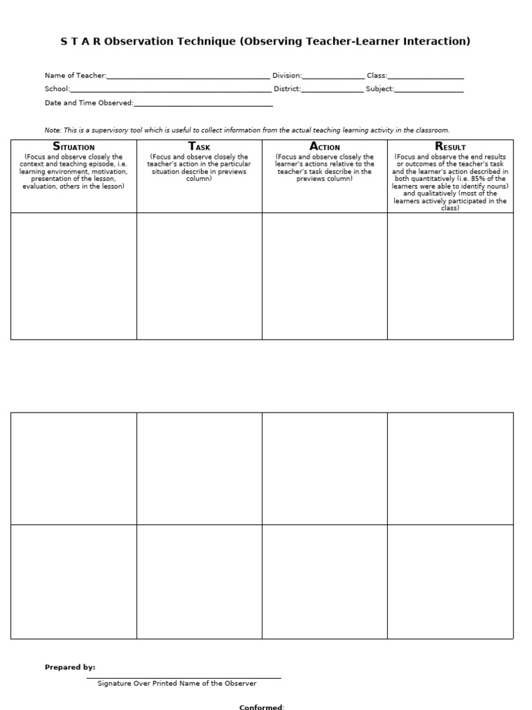 STAR Observation Technique Guide | PDF | Teachers | Learning