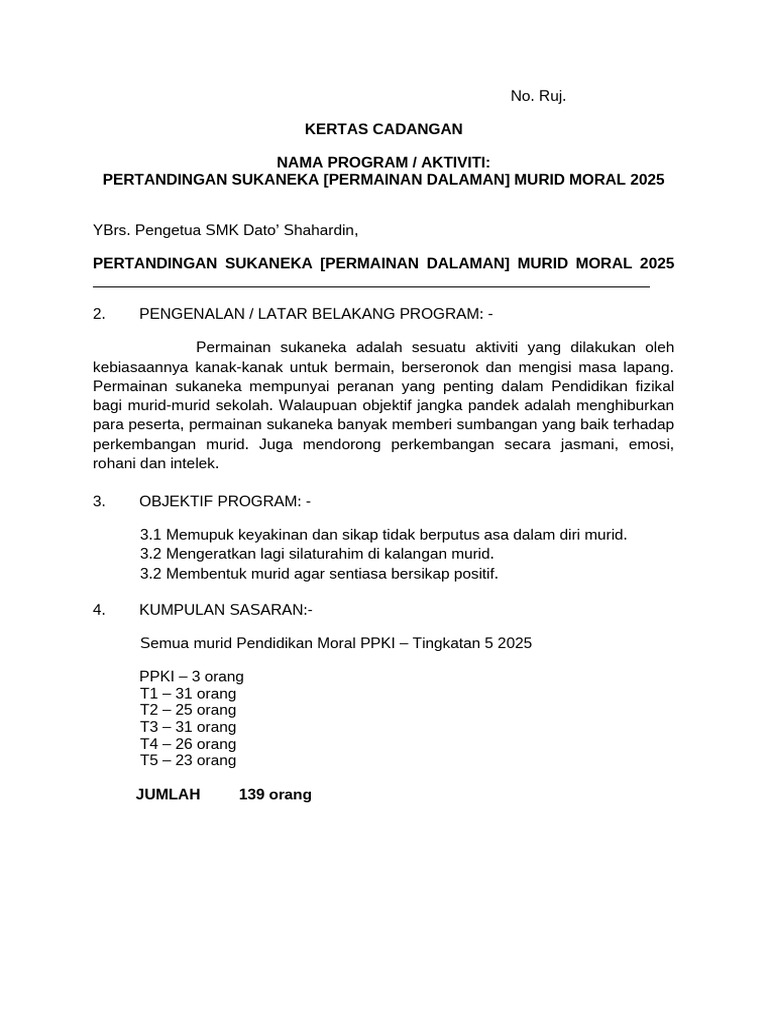 Pertandingan Sukaneka (Permainan Dalaman) Murid Moral 2025 | PDF
