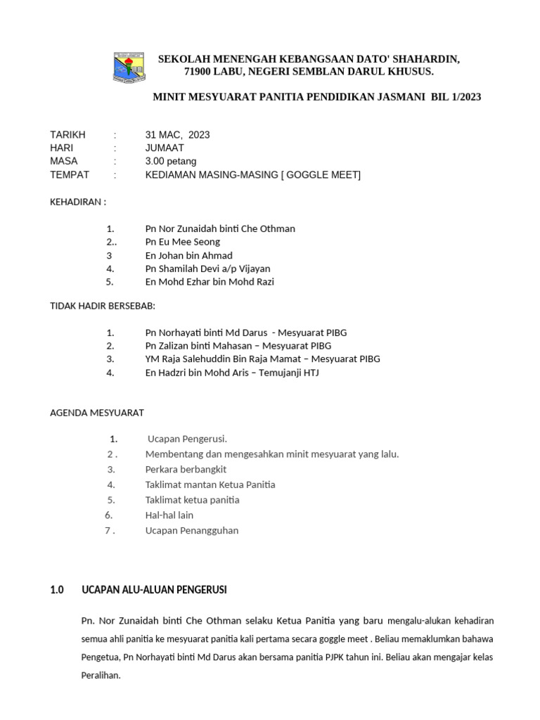 MINIT PANITIA BIL 1 2023 | PDF