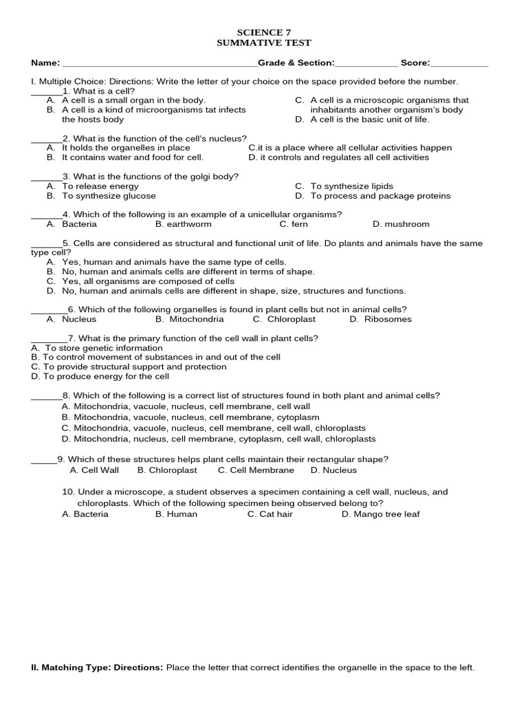 Science 7 Summative-Plant and Animal | PDF | Cell (Biology) | Organelle