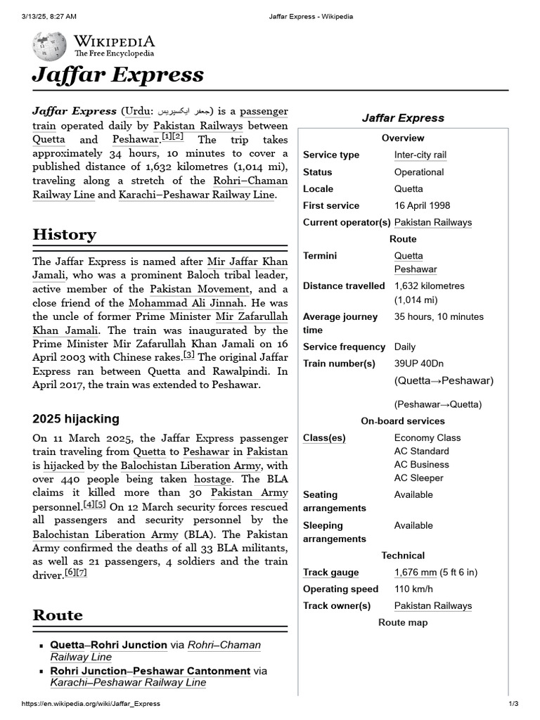 Jaffar Express - Wikipedia | PDF | Government Of Pakistan | Pakistan