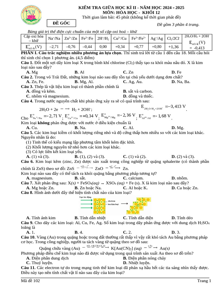 Đề - Đáp Án Giữa Học Kỳ 2 - Hoá Học 12 (2024 - 2025) | PDF