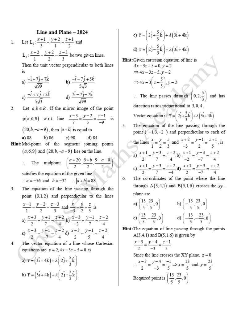 Line and Plane PYQ 2024 | PDF | Line (Geometry) | Classical Geometry