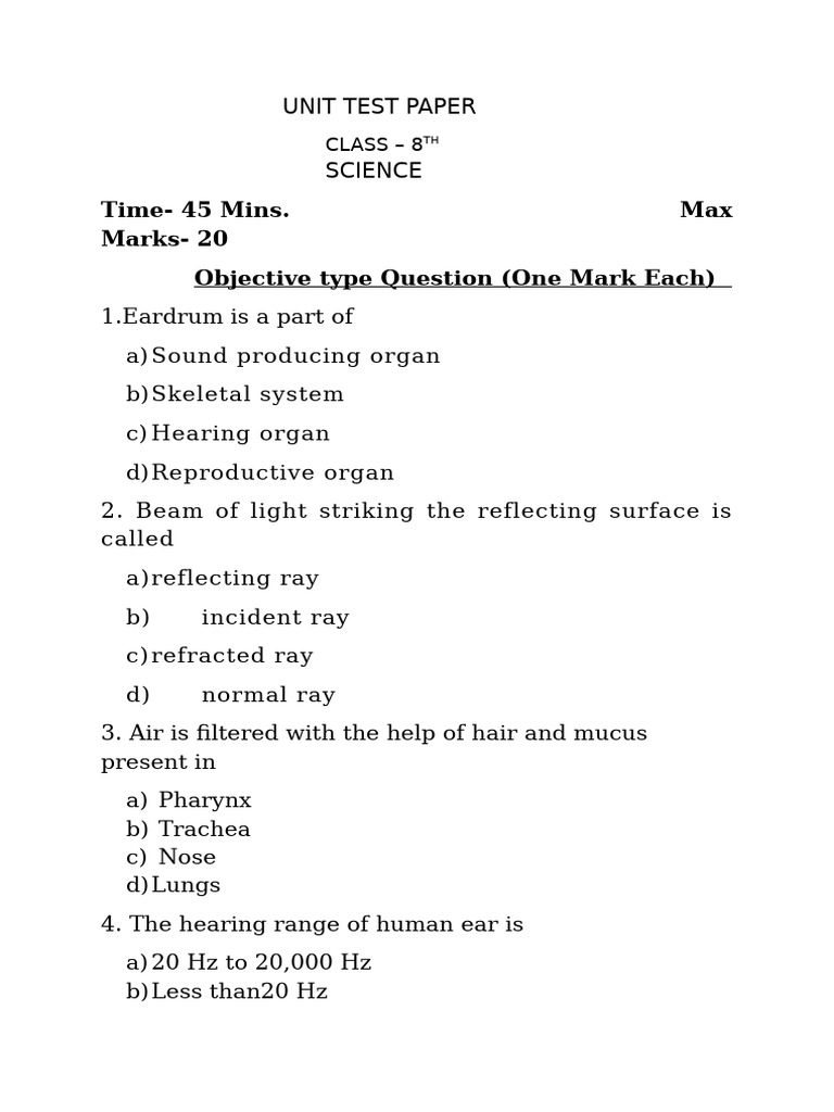 Unit Test Paper - Blue Print - 104 | PDF | Frequency | Hearing