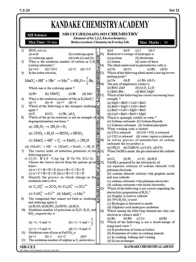 4) Elements of Group 1,2,3, Electrochemistry, Redox Reactions, CEEL (07 ...