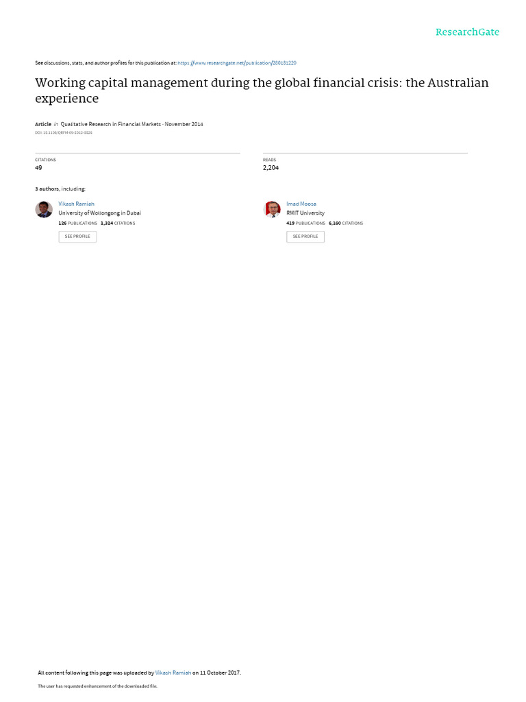 Working Capital Management During The Global Finan | PDF | Working Capital | Survey Methodology