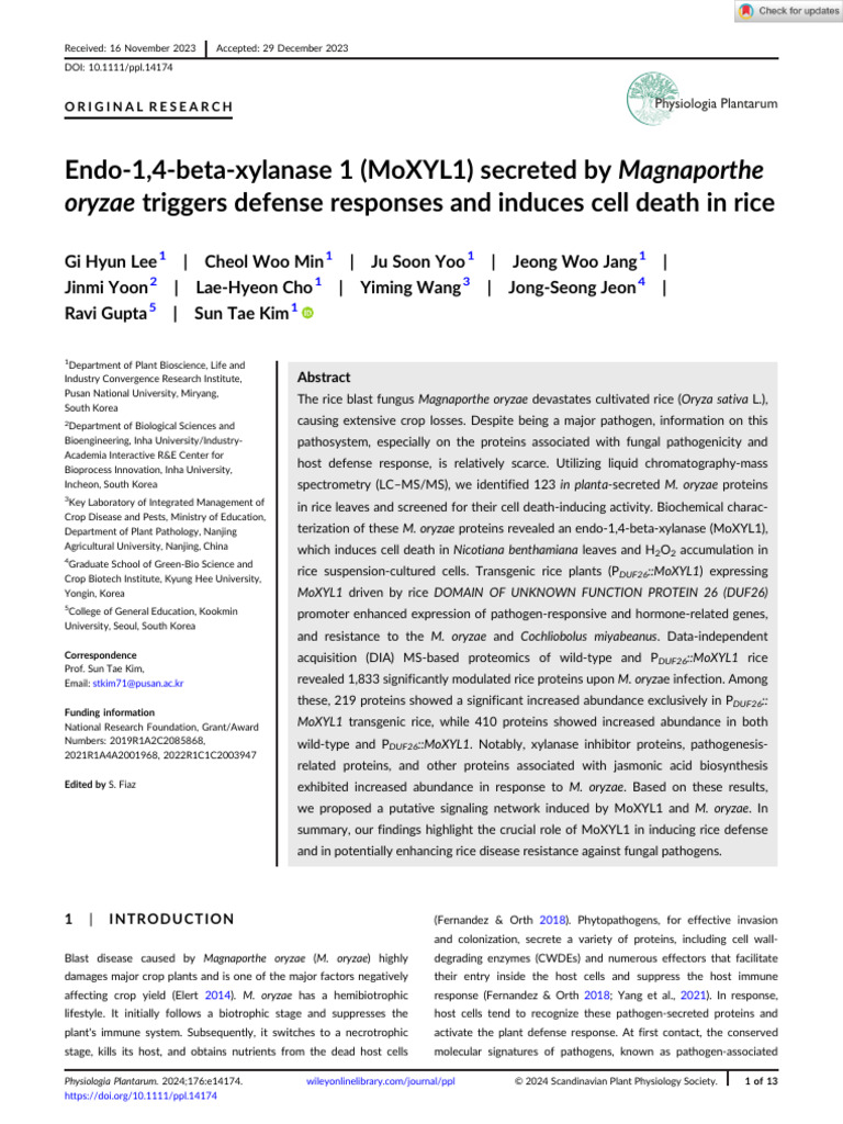 Endo-1,4-Beta-Xylanase 1 (MoXYL1) Secreted by Magnaporthe Oryzae Triggers Defense Responses and ...