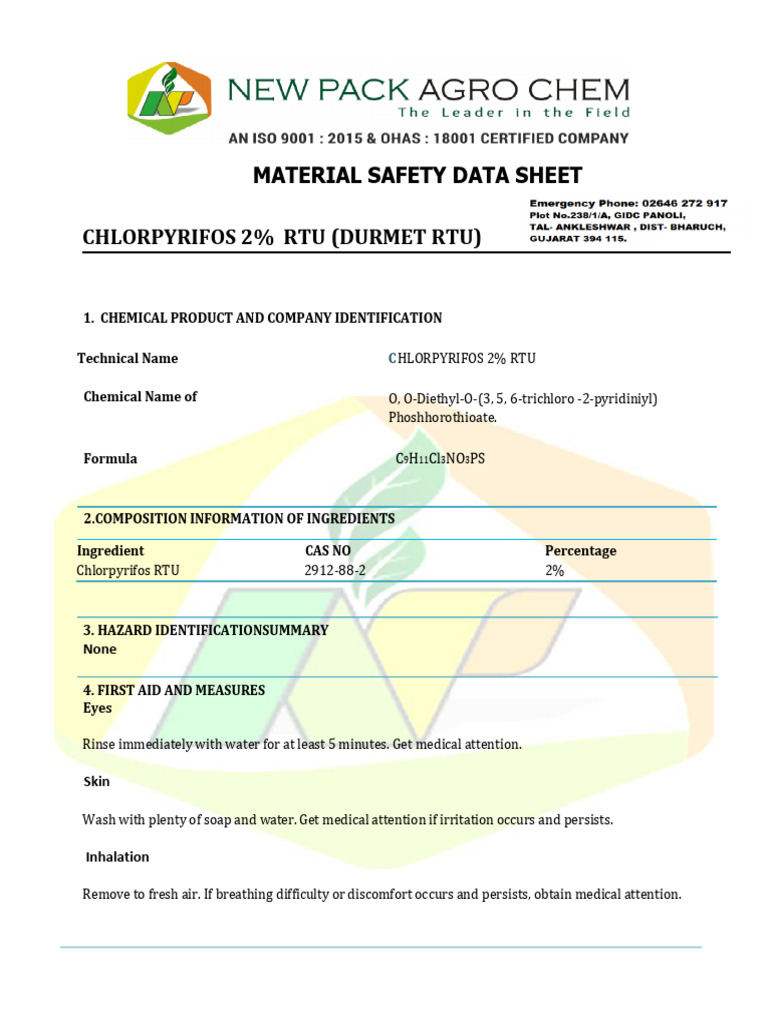 Chlorpyrifos 2% RTU Safety Data Sheet | PDF | Toxicity | Water