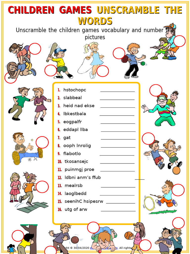 Children Games Vocabulary Esl Unscramble The Words Worksheet For Kids | PDF