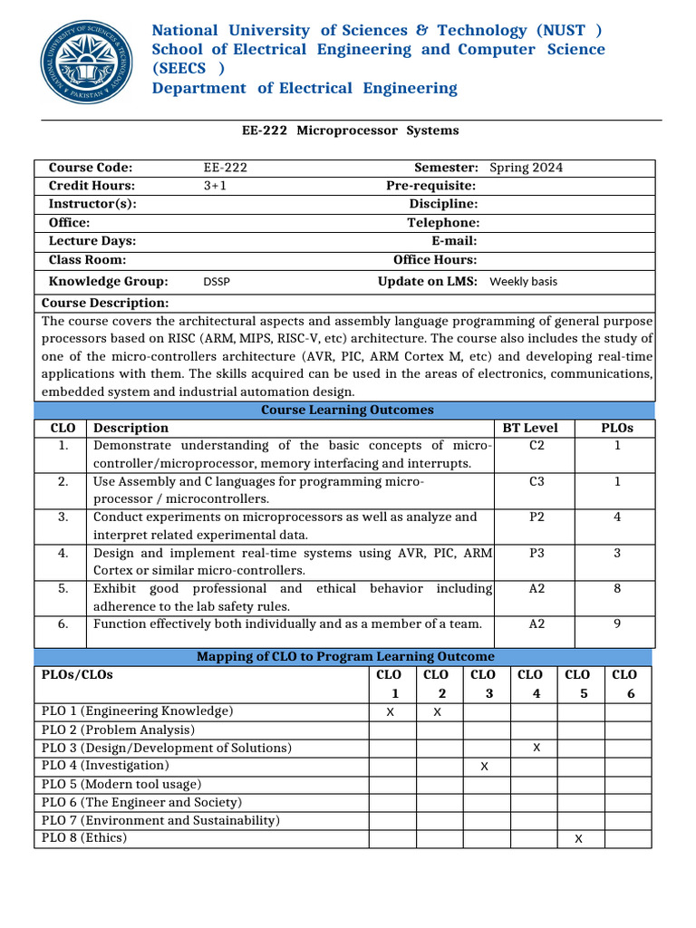 EE 222 MPS Course Outline | PDF | Microcontroller | Microprocessor