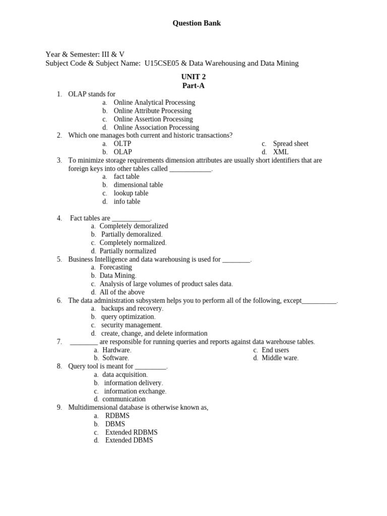 Unit 2 Mcqs | PDF | Data Warehouse | Computing