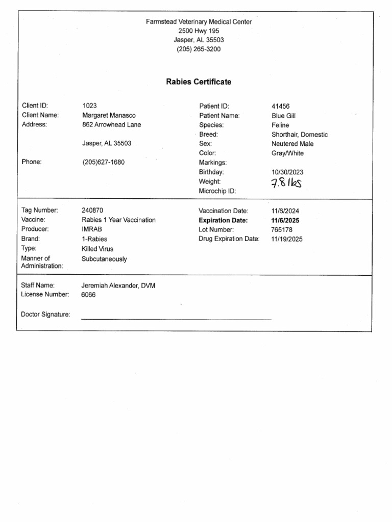 Blue Gill&Felony Manasco Rabies Certificates | PDF