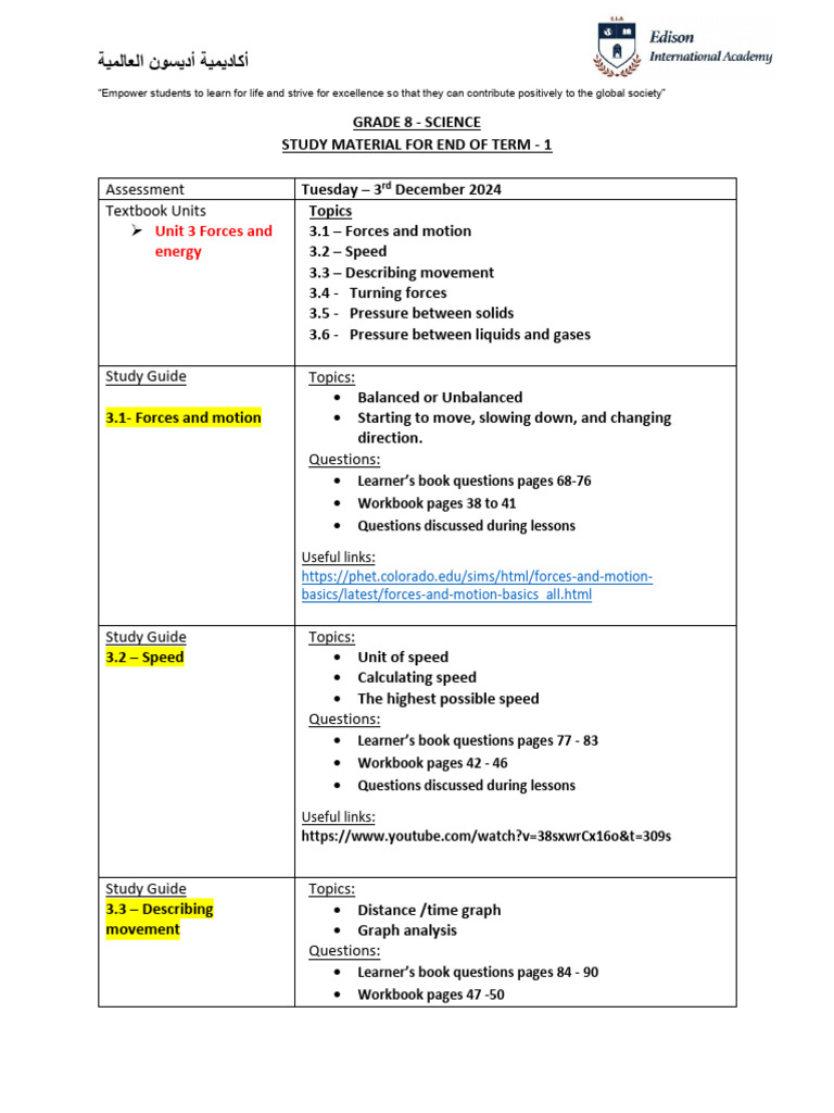 Y8 Science Study Material - EOT 1 | PDF | Pressure | Applied And Interdisciplinary Physics