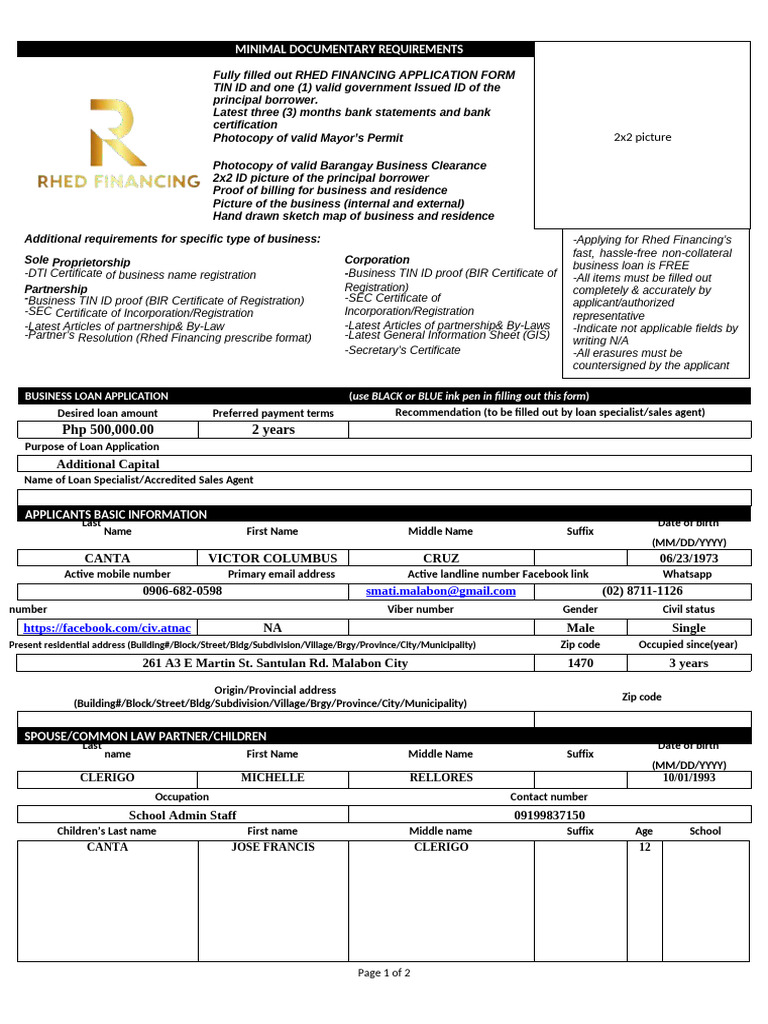 Rhed Financing Application Form 2023 PDF | PDF | Banks | Business