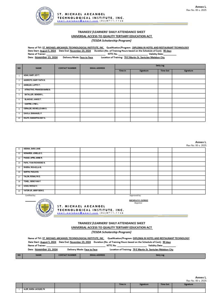TESDA Attendance Sheet for Trainees | PDF | Educational Stages | Career ...