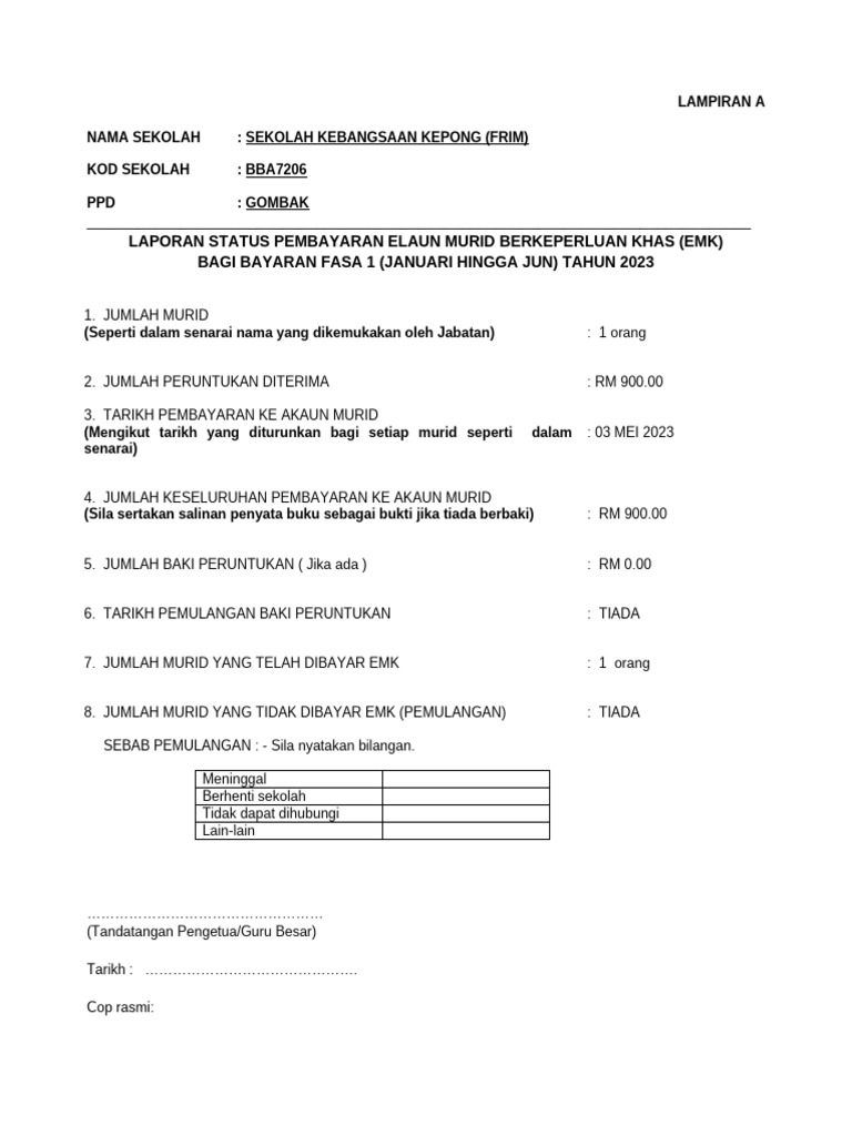 Lampiran A Laporan Pembayaran Emk 2023 | PDF