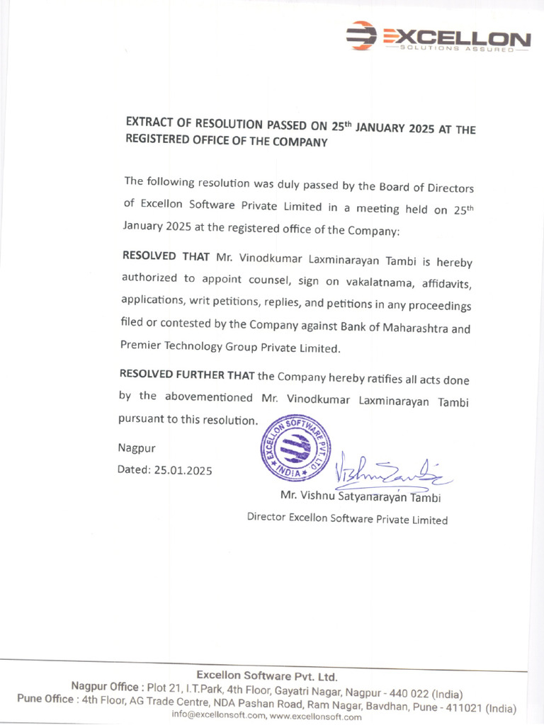 Excellon Software Board Resolution 2025 | PDF