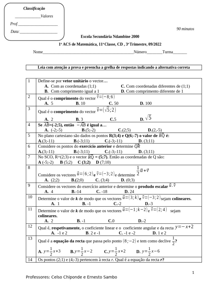 Prova de Matemática - Vetores e Retas | PDF | Vetor euclidiano ...