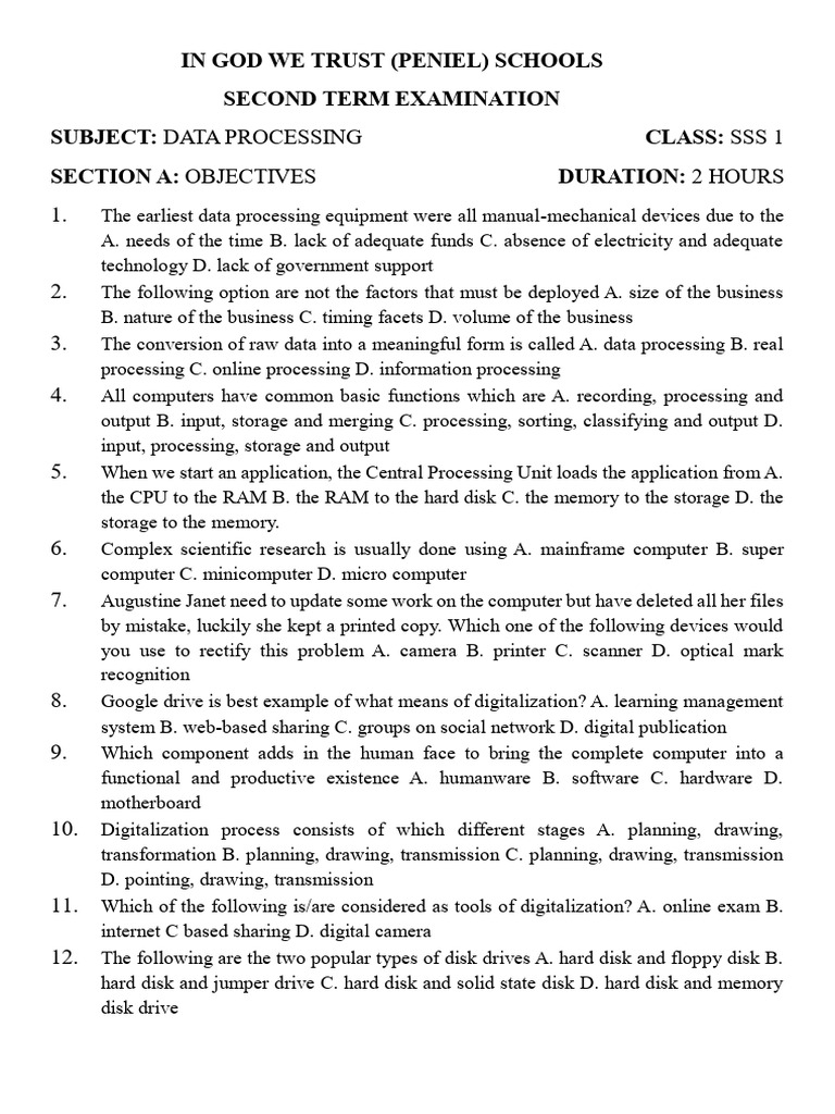 Data processing SSS 1 2nd term Q | PDF | Computer Data Storage | Input/Output
