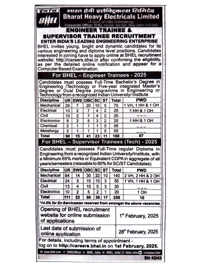 Bhel Engineer Trainee and Supervisor Trainee Recruitment 2025 Notice | PDF