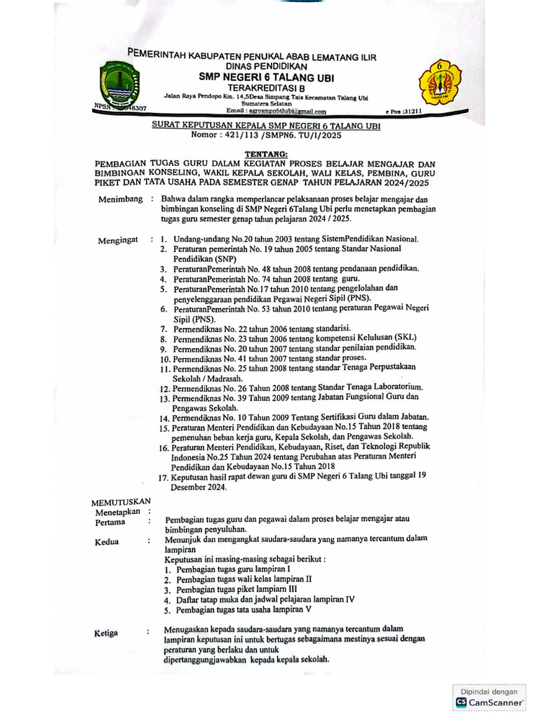 SK Pembagian Tugas Semester Genap Januari 2025 | PDF