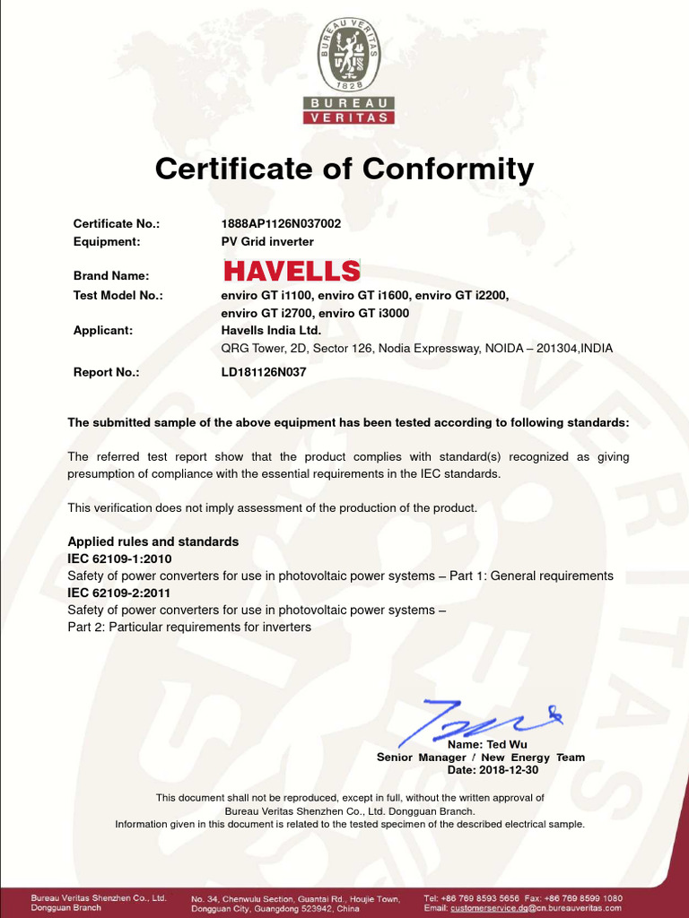 IEC 62109 Compliance for Havells Inverters | PDF