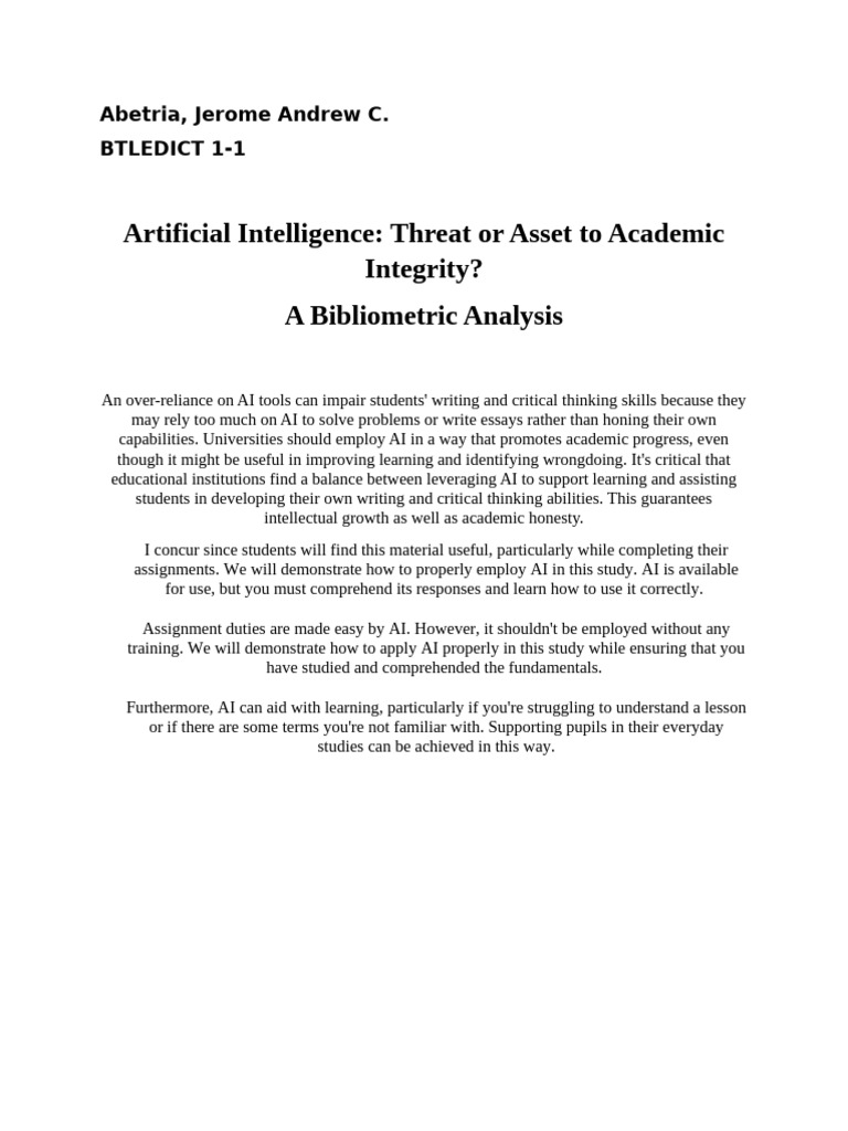 Artificial Intelligence: Threat or Asset To Academic Integrity? A ...