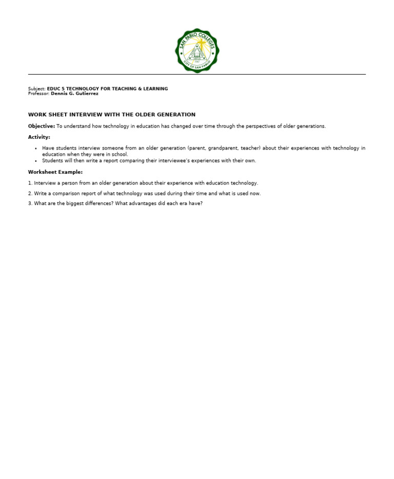 Work Sheet Interview With The Old Generation | PDF