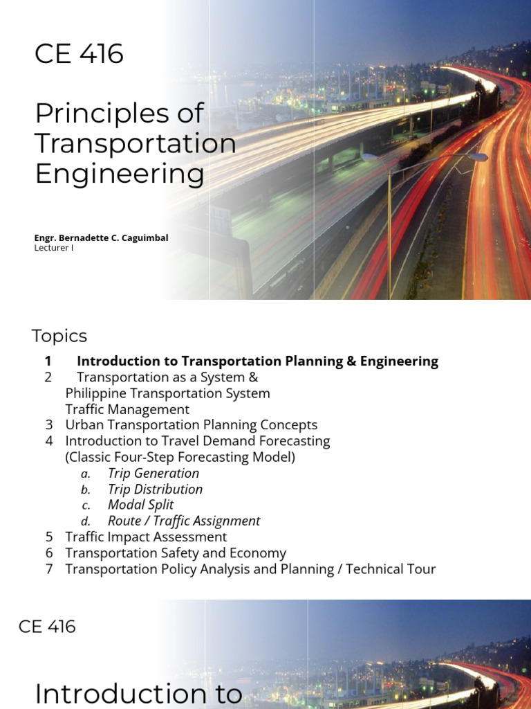 CE 416 Lesson 1 Introduction To Transportation Planning and Engineering | PDF | Transport ...