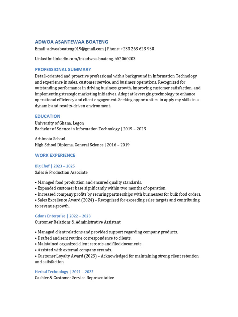 Adwoa Asantewaa Boateng CV | PDF | Sales | Customer Relationship Management