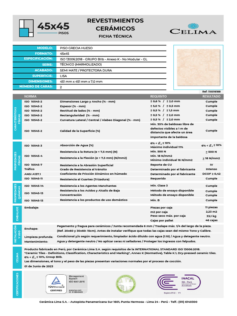 FT-Celima-PSO - GRECIA - HUESO - 45X45 - 2-23m2 | PDF | Materiales