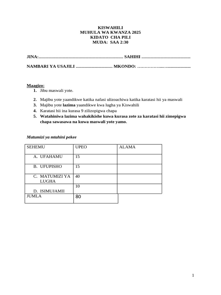Kiswahili f2 Qs-2 | PDF