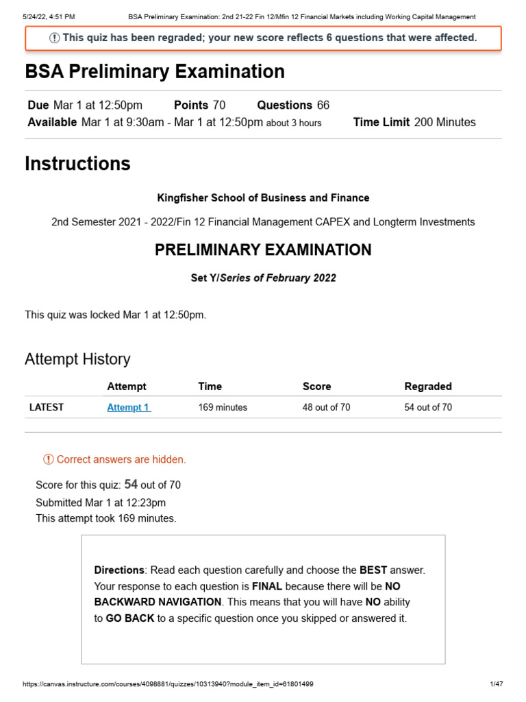 BSA Preliminary Examination 2nd 21 22 Fin 12 Mfin 12 Financial Markets ...