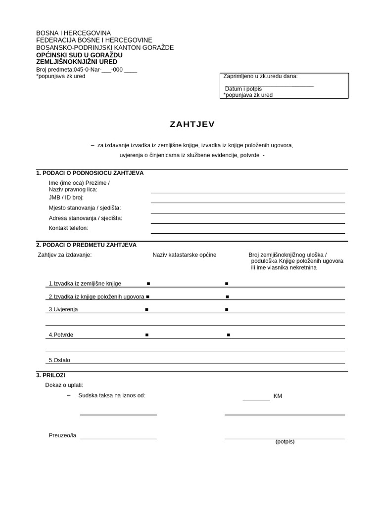 Obrazac Zahtjeva Za ZK Izvadak | PDF