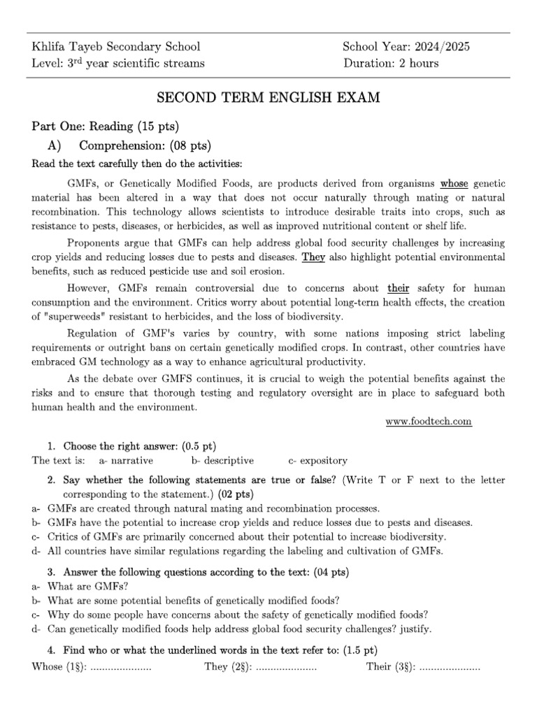 Second Term English Exam | PDF