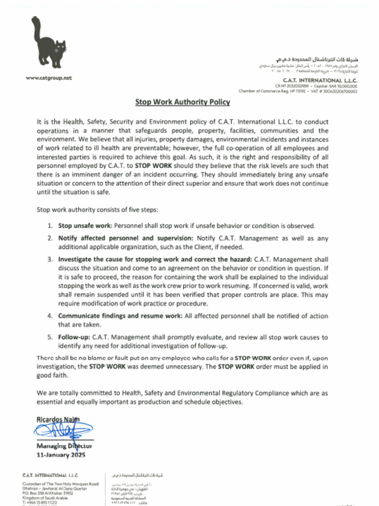 Stop Work Authority Policy - 2025 | PDF