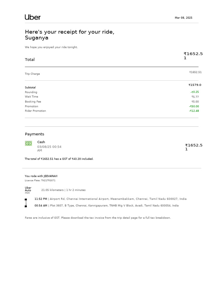 Uber Ride Receipt - Chennai Trip | PDF