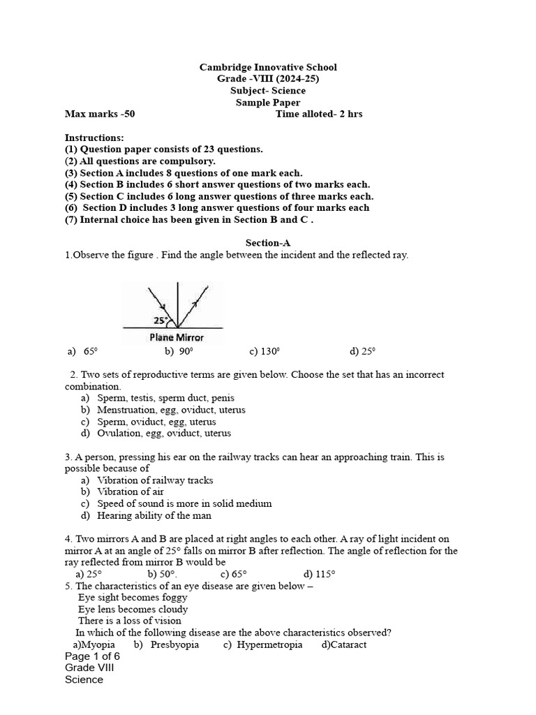 Sample Paper Grade 8 Science | PDF | Sound | Ear