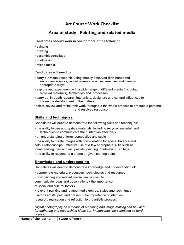 Art Course Work Checklist (Painting and Related Media) | PDF | Drawing ...