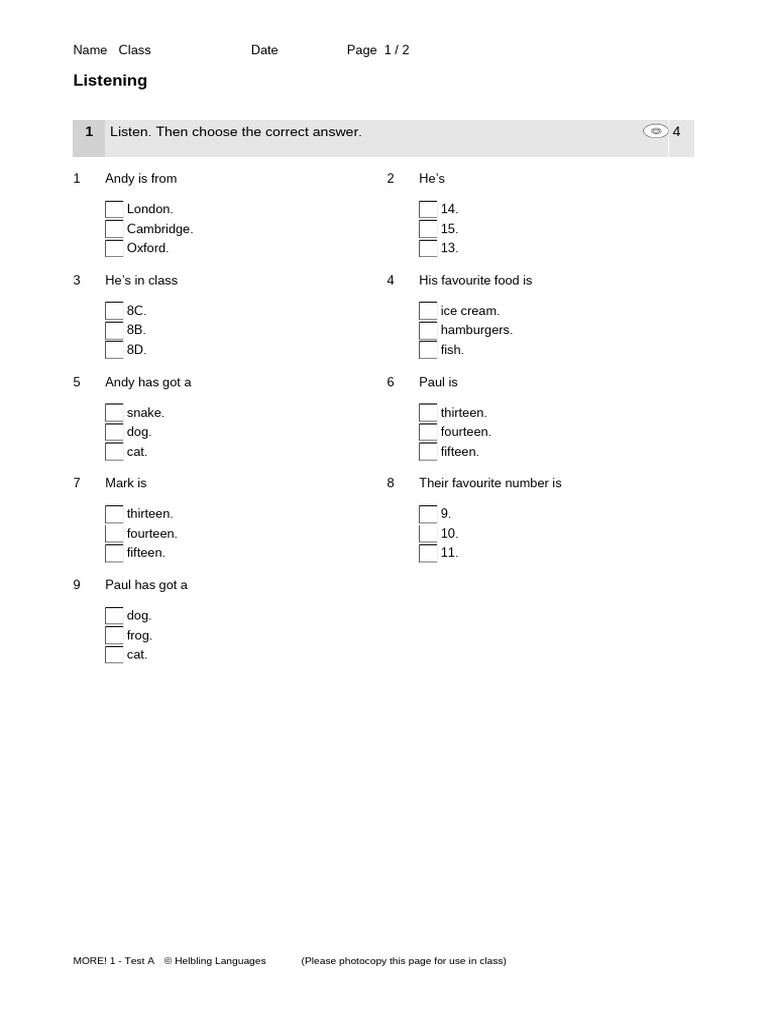 Class Test No 1: Listening Exercise | PDF