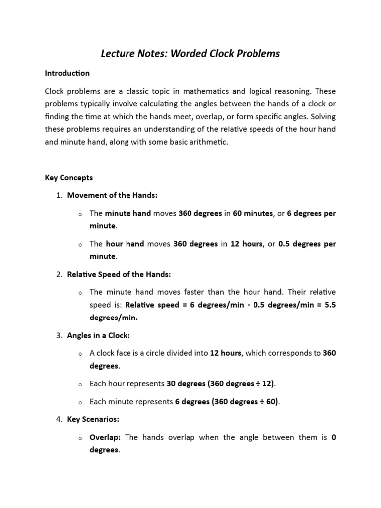 Worded Clock Problems - Lecture Notes | PDF | Angle | Mathematics