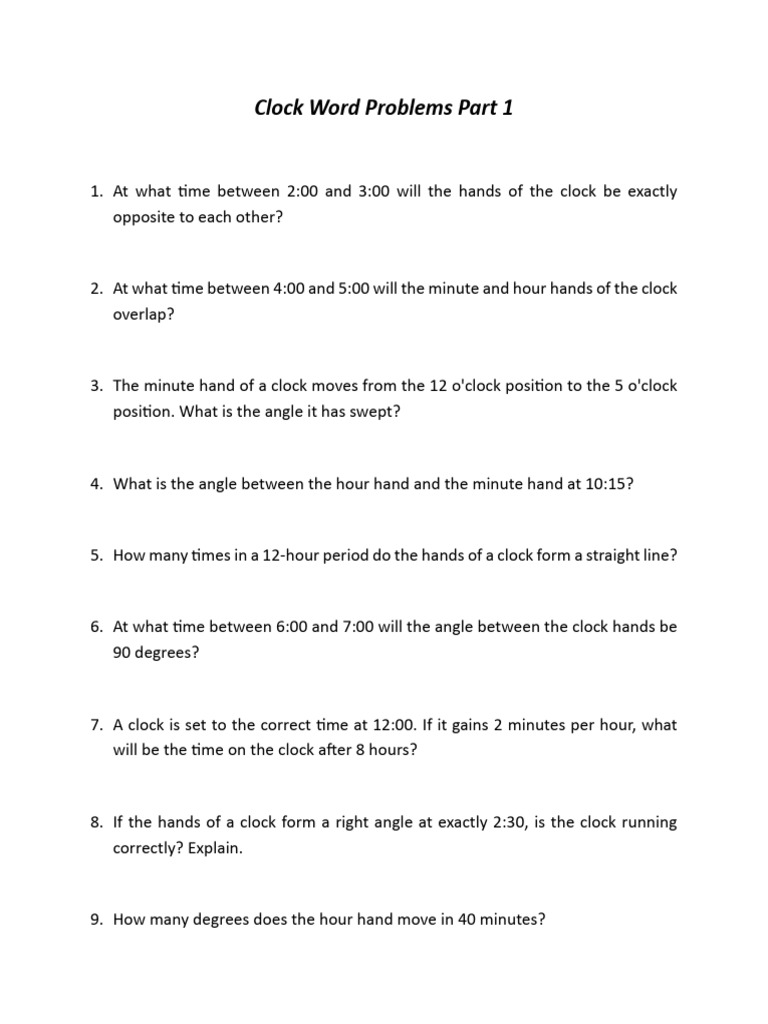 Clock Word Problems Part 1 | PDF