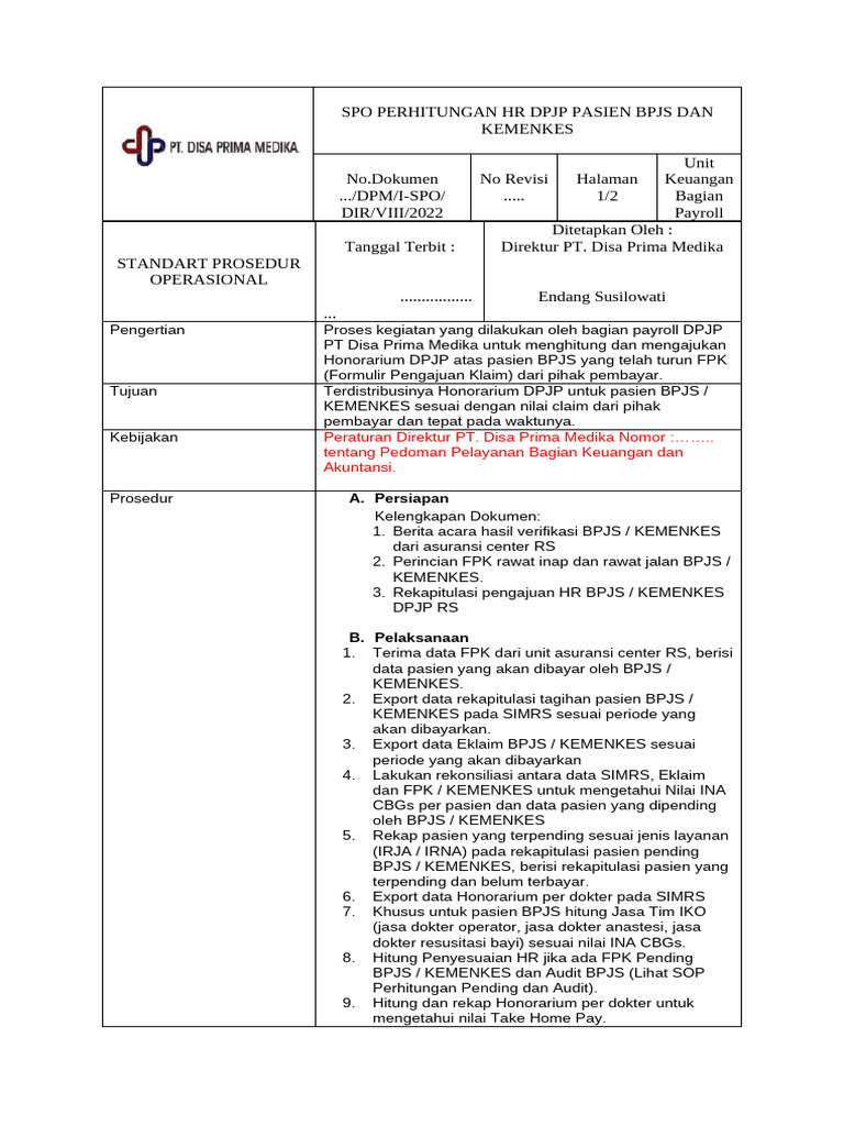 02 Spo Pengajuan Hr Dpjp Pasien Bpjs & Kemenkes | PDF