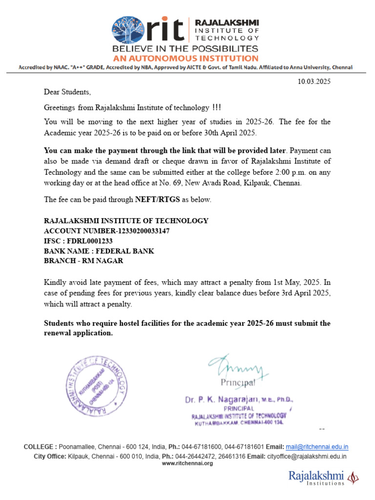 2025-26 Fee Intimation 1st Year | PDF