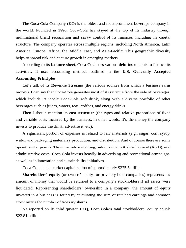 Coca-Cola Financial Performance Overview | PDF | Equity (Finance) | The ...